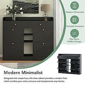 PrimaevalColossus Modern Shoe Cabinet for Entryway, Freestanding Shoe Rack Storage Organizer with Drawers, Wood Shoe Storage Cabinet with 4 Flip Drawers for Entryway Bedroom Living Room, Black