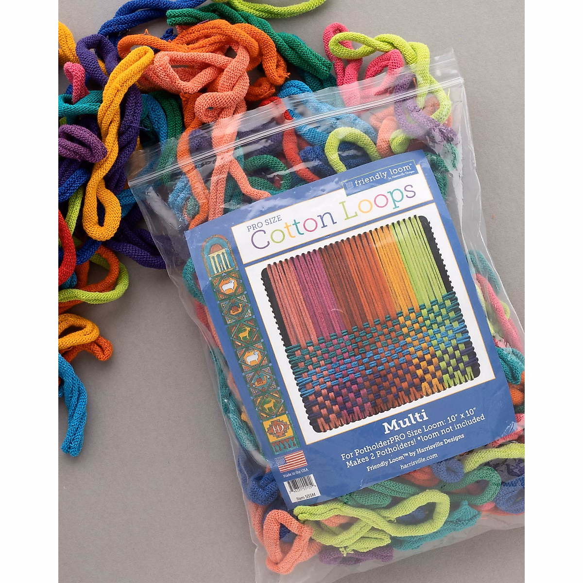 Harrisville Designs Friendly Loom Potholder Cotton Loops 10 Inch Pro Size Loops Make 2 Potholders, Weaving Crafts for Kids and Adults-Multi