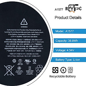 REYTRIC A1577 Battery Replacement 020-00016 Compatible iPad Pro 12.9 A1584 A1652 with Installation Tools 3.77V 10307mAh 38.8Whr