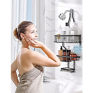 HYSEYY Shower Caddy Over Shower Head Hanging Shower Caddy for Bathroom, No Drilling Rustproof Stainless Steel Hanging Shower Organizer with Soap Holder, 10 Hooks, Large Capacity for Whole Family
