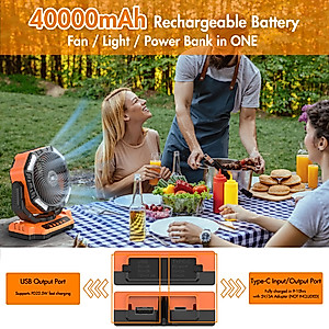 40000mAh Rechargeable Fan, Battery Operated Oscillating Outdoor Fan, Battery Powered Table Fan for Home Hurricane Jobsite Garage, Portable Tent Fan with Remote Light Hook for Camping Trip RV