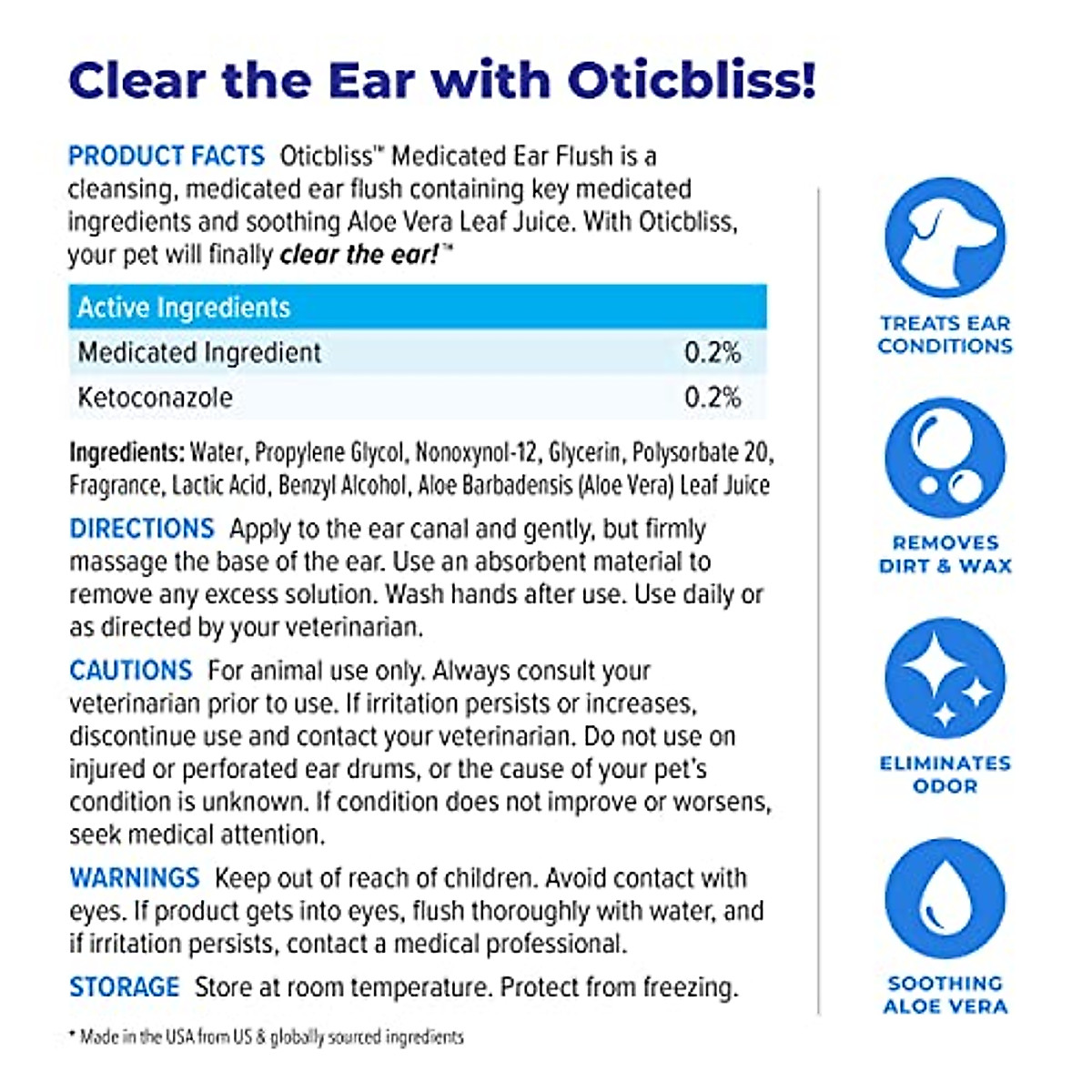 Vetnique Labs Oticbliss Ear Cleaner Wipes/Flushes for Dogs & Cats with Odor Control and Itch Relief Reduces Head Shaking - Clear The Ear (Ear Cleaning Flush, Medicated 4oz)