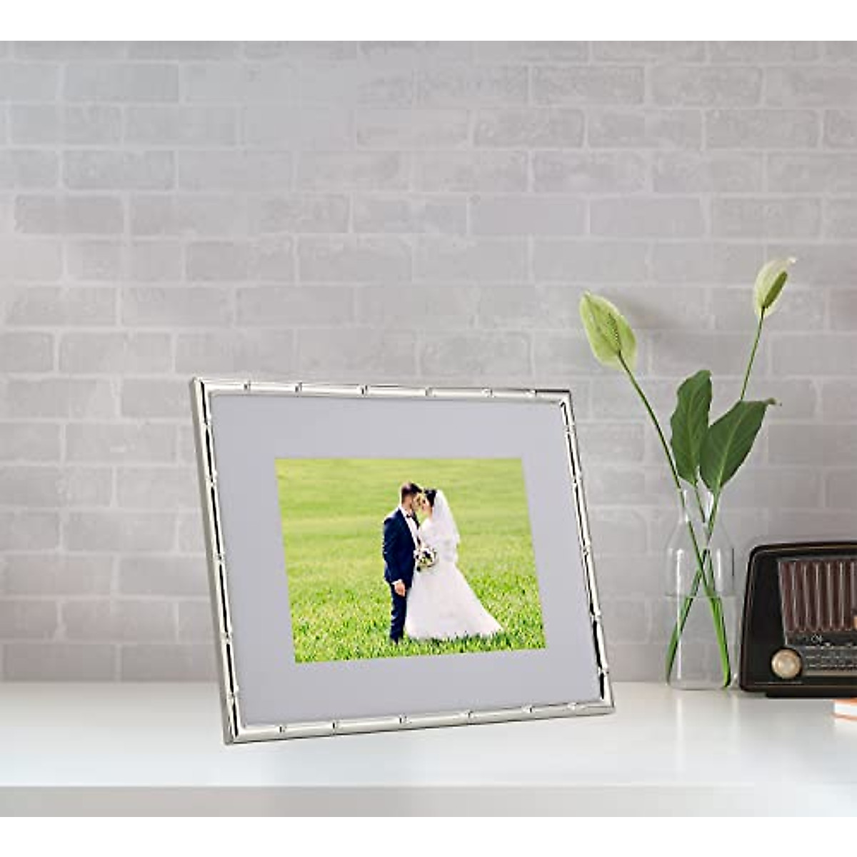 8x10'' Bamboo Detail Designs Silver Metal Picture Frame with Mat for 5x7'' Set of 2, Narrow Silver Plated Photo Frames 5 x7'' With Soft Touch Velvet Backing for Desktop and Wall Décor(Silver)