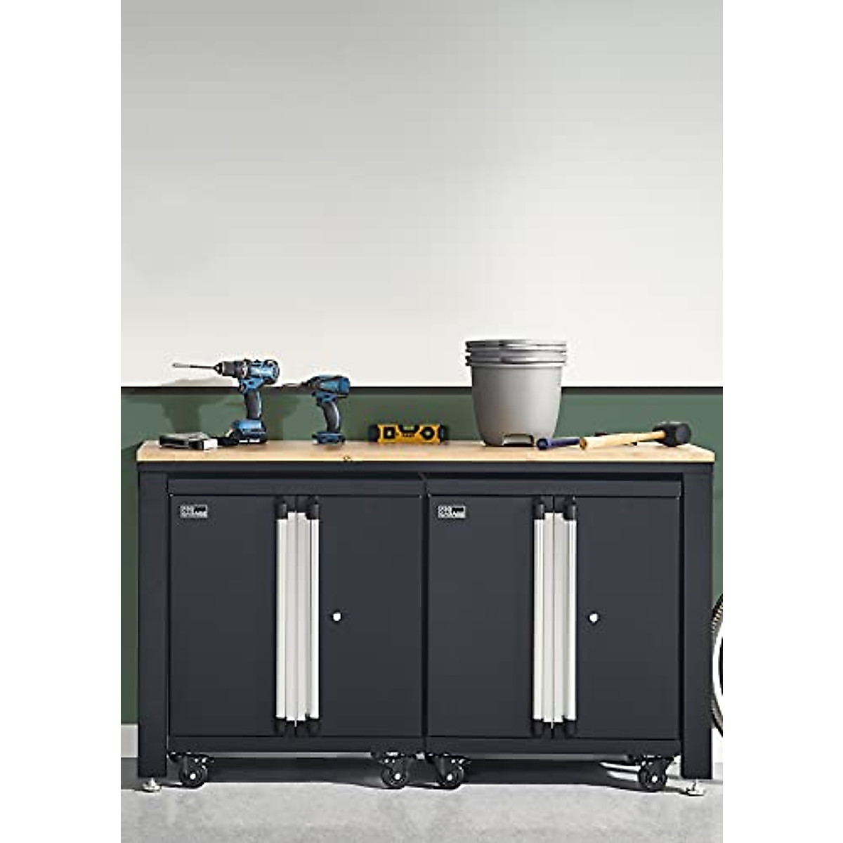 ClosetMaid ProGarage Garage Storage Base Cabinets & Workbench Top 3-Piece Set, Custom, Durable, Adjustable, Steel Construction, Black