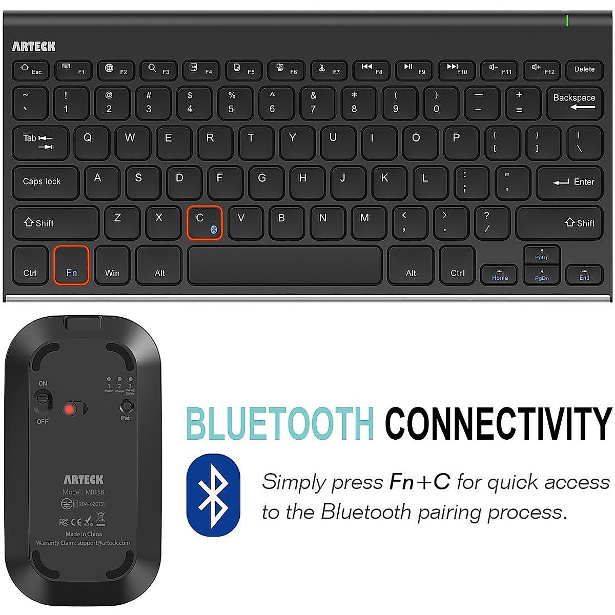 Arteck Bluetooth Keyboard and Mouse Combo Ultra Compact Slim Stainless Full Size Keyboard and Ergonomic Mice for Computer/Desktop/PC/Laptop/Surface and Windows 10/8/7 Built in Rechargeable Battery