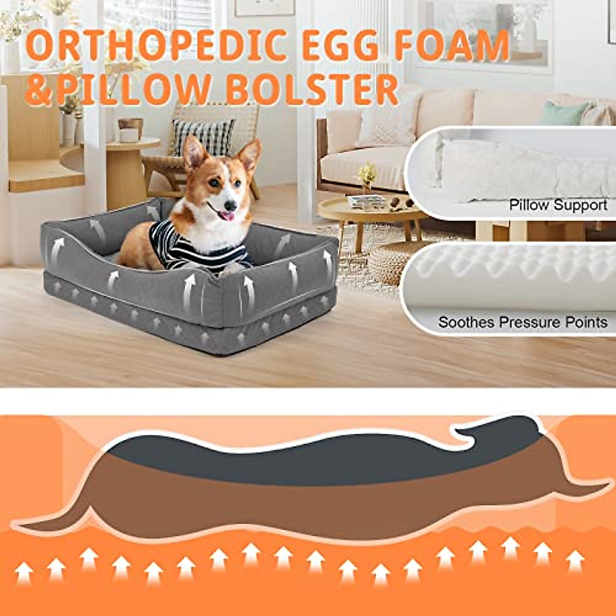 Dog Bed, Orthopedic Bolster Dog beds for Large Dogs, Egg Crate Foam Sofa with Removable Washable Bed Cover, Nonskid Bottom Couch, Pet Beds for Large&Extra Large Dogs