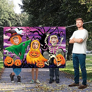 Horror Night Face in Hole Backdrop 5 x 3.3 ft, Pumpkin Head Scarecrow Ghosts Skeletons Face Cutout Photo Props, Halloween Spooky Night Full Moon Bats Monster Tree Photography Background