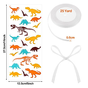 Outus 100 Pieces Dinosaur Cellophane Bags Clear Dinosaur Skeleton Bags Party Favors Bags with A Roll of Ribbon for Chocolate Candy Snacks Cookies Dinosaur Themed Party Supplies (Mixed Colors)