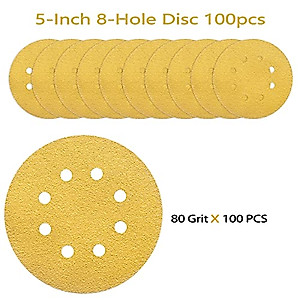 POTUINOM 100PCS 5 Inch 8 Hole Sanding Discs 80 Grit,Gold Round Hook and Loop Sandpaper for Random Orbital Sander