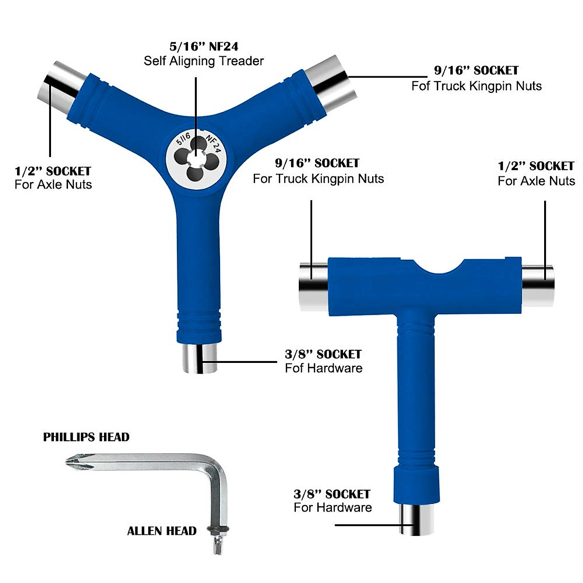 Sonku Blue All-in-One Skateboard Tool, Multifunctional Portable Skateboard T-Tool and Y-Tool Accessory with Screwdriver Wrench Storage in A Bag