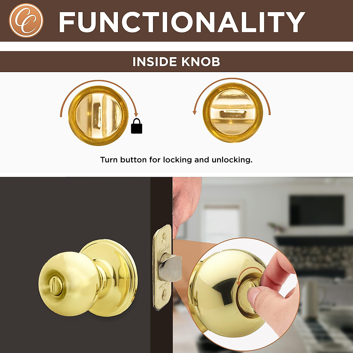 Copper Creek BK2030PB Ball Door Knob, Privacy Function, 1 Pack, Polished Brass