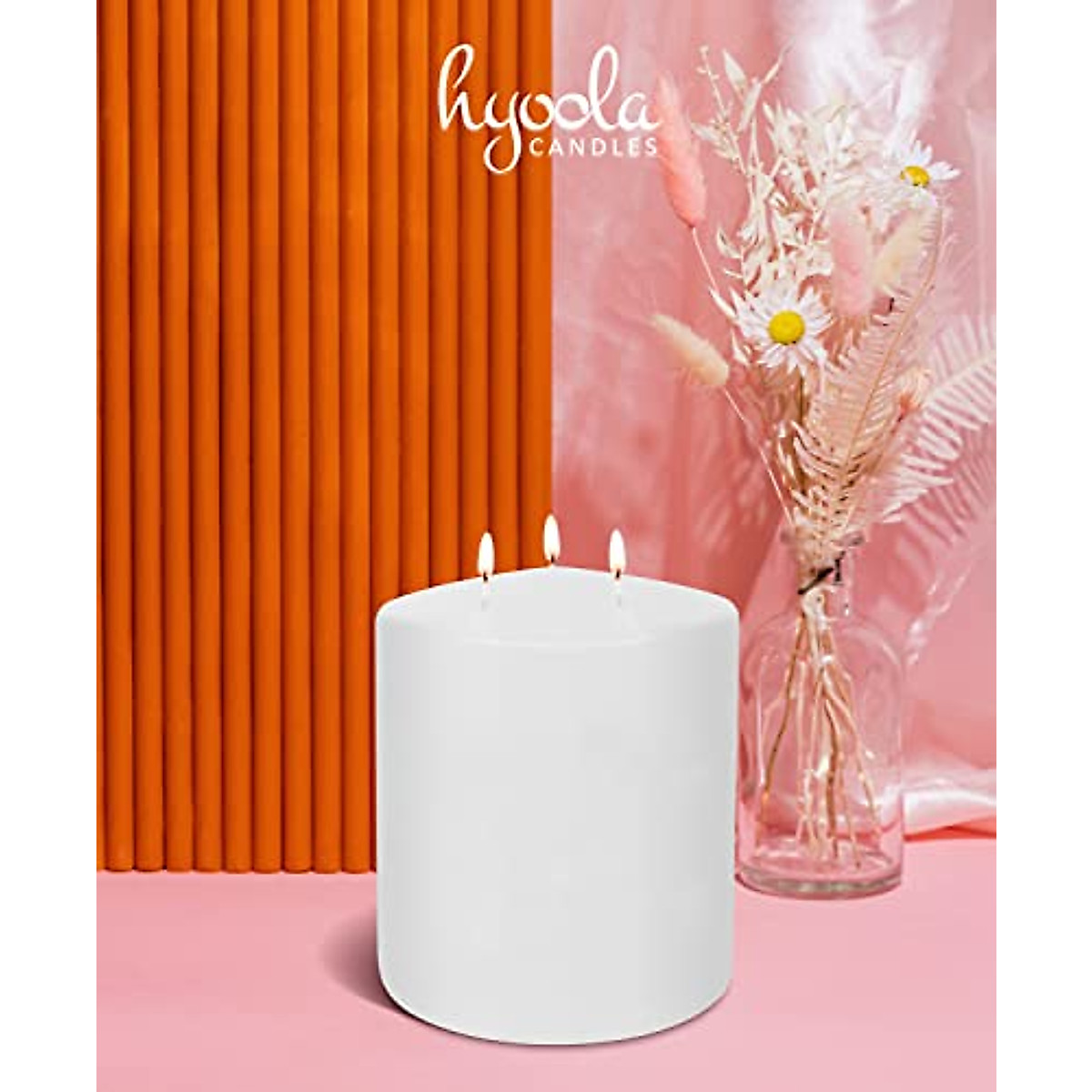 HYOOLA White Three Wick Large Candle - 6 x 8 Inch - Unscented Big Pillar Candles - 188 Hour - European Made