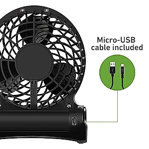 HOLMES 4" Personal Fan, Rechargeable Battery, 3 Speed Settings, Lightweight, Compact and Portable, Adjutstable Head, Home and Office, USB Cable, Black Finish