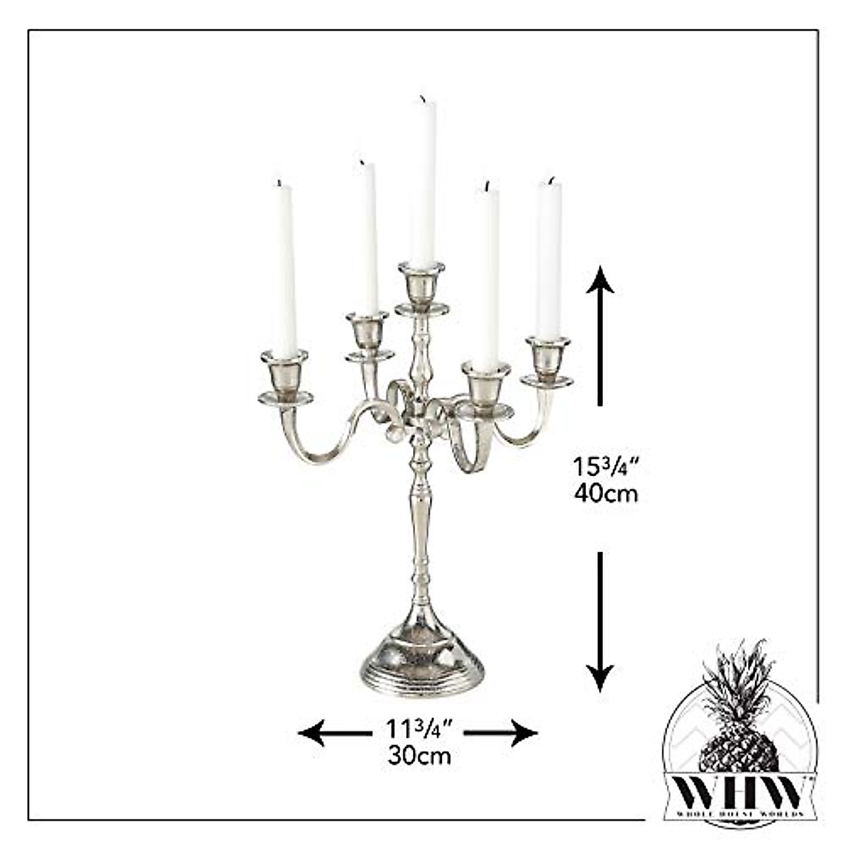 Hamptons Five Candle Candelabra, Silver Finish, Centerpiece, Hand Crafted of Cast Aluminum, Atelier Craft Surface Details, Over 1 FT High, (15.75 Inches)