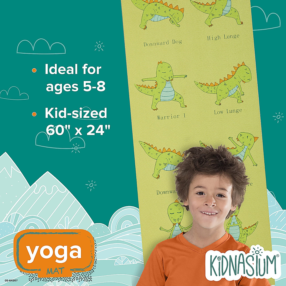 Kidnasium Kids Yoga Mat - 60” x 24”, Oriented 3mm Thick, Fun Prints Exercise Mats, Ideal for Babies, Toddlers and Children - Non Toxic Latex Sensitive - Dino Poses
