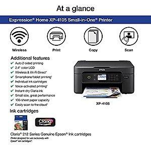 Epson Expression Home XP-4105 Wireless Small-in-One Color Inkjet Printer, White - Print Copy Scan - 2.4" Color LCD, 10 ppm, 5760 x 1440 dpi, Hi-Speed USB, Auto 2-Sided Printing, Voice Activated