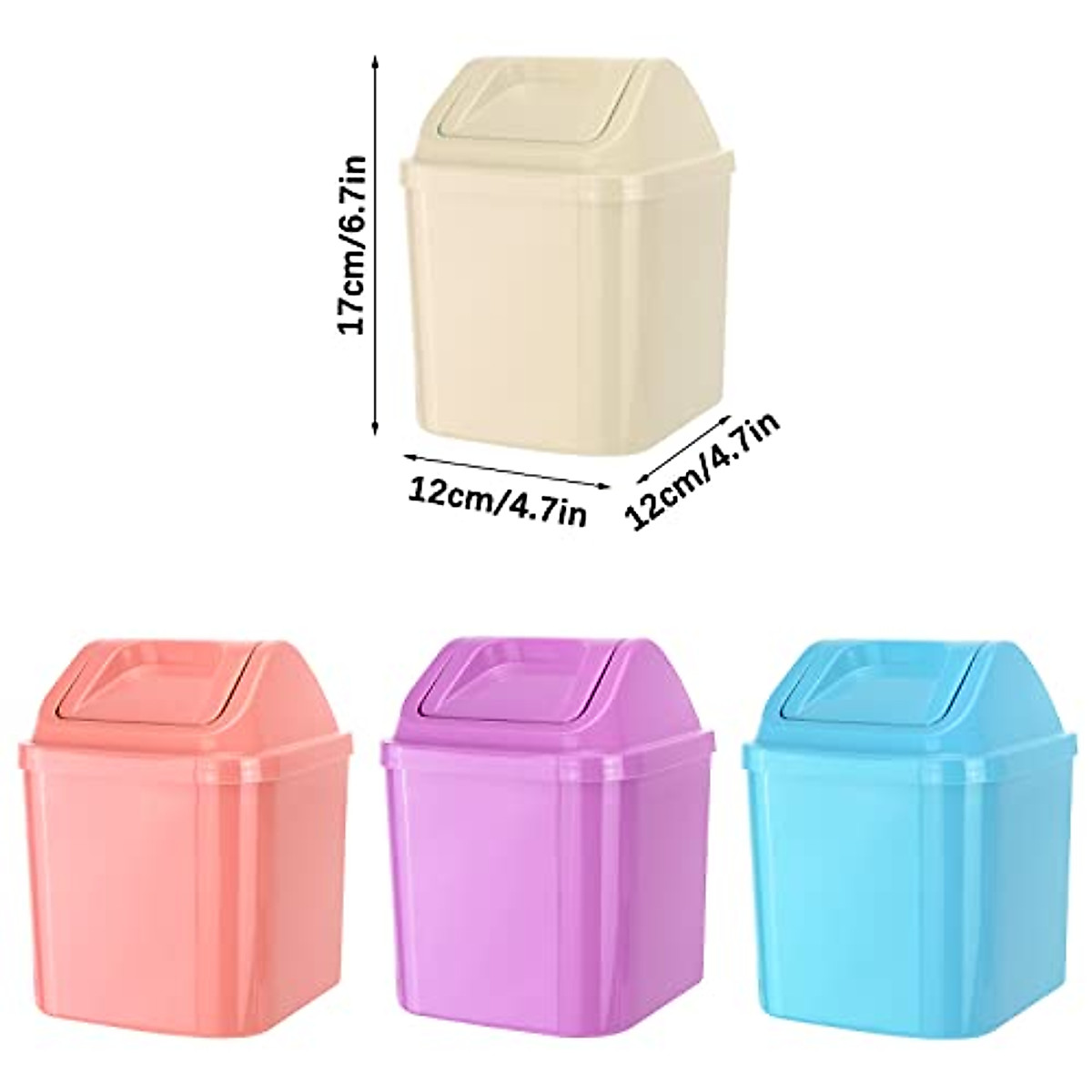QLFJ-FurDec 2 Pcs Plastic Mini Wastebasket Trash Can with Swing Lid with 4 Rolls of Trash Bags, Tiny Desktop Waste Garbage Bin for Home, Office, Kitchen, Vanity Tabletop, Bedroom, Bathroom(Blue + Purple)
