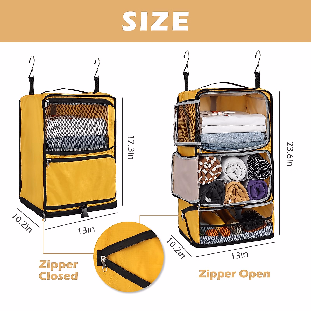 Surblue Hanging Shelves Travel Compression Packing Cube for Carry-on Luggage Suitcase Collapsible Transformable Garment Closet Organizers Large Capacity, Yellow, XL