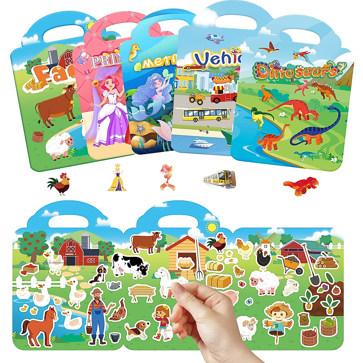 5 Sets Reusable Sticker Book Crafts for Kids Ages 4-8, Mermaid, Princess, Dinosaur, Vehicle and Farm Stickers for Kids Educational Learning Toys Birthday Gifts