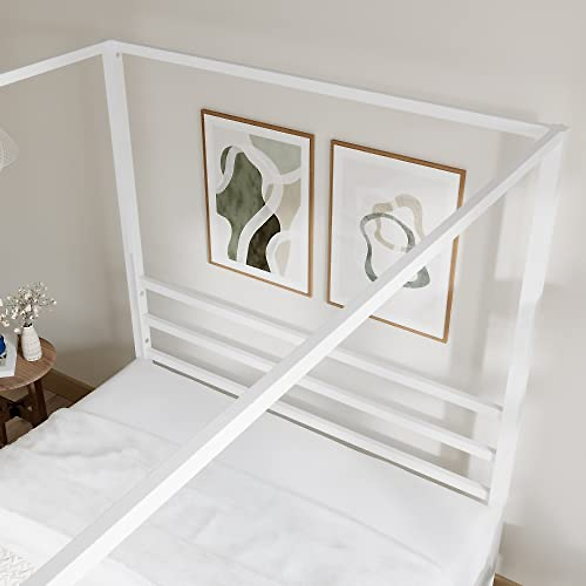 ikalido Full Size Metal Canopy Bed Frame, Modern Four-Poster Platform Bed Frame, Mattress Foundation with Wood Slat Support/Under-Bed Storage Space/No Box Spring Needed/White