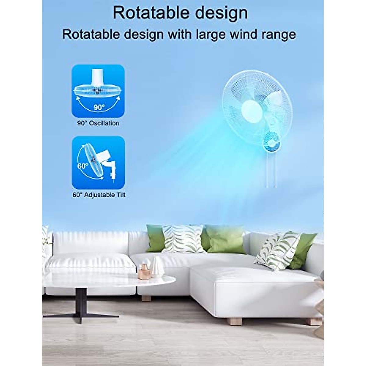 Delvit Wall Mount Fan, 16 inch Wall Fan with 5 Blades,3 Speeds, 90° Oscillating Adjustable Tilt, ETL Certified for Bedroom Office Warehouse Workshop Patio and Basement,white.