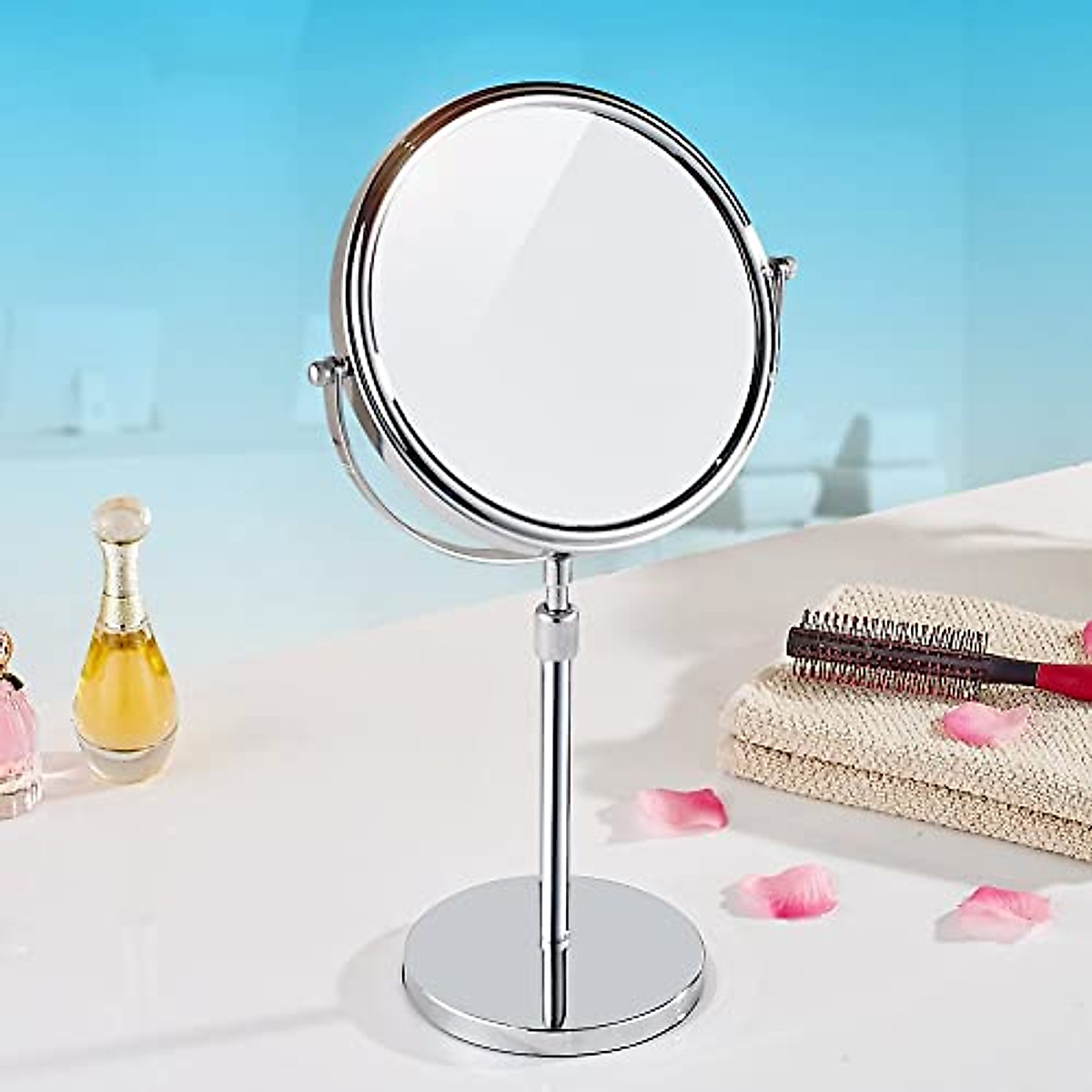 Nicesail Tabletop Makeup Mirror 8 Inch Double-Sided with 7X Magnification, Freestanding Mirror with Pedestal for Shaving, Height Adjustable Chrome Finish (8 Inch, 7X)
