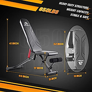 Adjustable weight bench, Foldable Workout Bench with 8+4+3 Angles and Quick Adjustable knob（Automatic Lock) - Weight capacity 650lbs, Easy to assemble