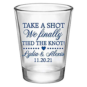 Personalized wedding favor shot glasses, take a shot we finally tied the knot, wedding favors for guests in bulk, custom shot glasses