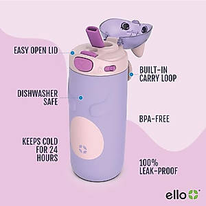 Ello Ellies 12oz Vacuum Insulated Stainless Steel Kids Water Bottle with Straw and Built-in Carrying Handle and Leak-Proof Locking Lid for School Backpack, Lunchbox and Outdoor Sports, Cat
