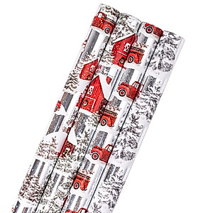 LeZakaa Christmas Wrapping Paper - Silver Metallic Foil with Snowman/Red Truck with Tree/Red House/Tree with Snow Design for Gift Wrap, Craft - 30 x 120 inches - 4 Rolls