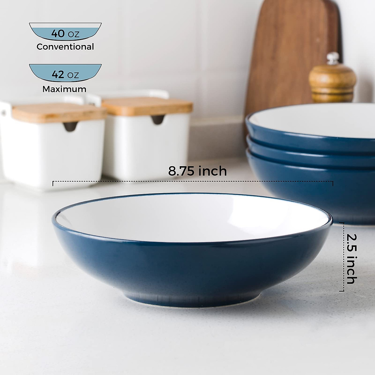 GBHOME 8.75'' Large Pasta Bowls Set of 4, 42oz Stoneware Deep Salad Pasta Bowls for Kitchen, Chip-resistant Bowls Set for Salad Pasta Meal, Microwave and Dishwasher Safe, White-Cobalt