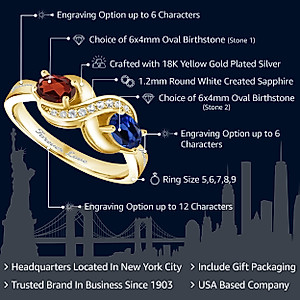 Gem Stone King 18K Yellow Gold Plated Silver Personalized Customized Engrave 2-Stone Gemstone Birthstone and White Created Sapphire Infinity Forever Love Knot Ring For Women (Size 7)