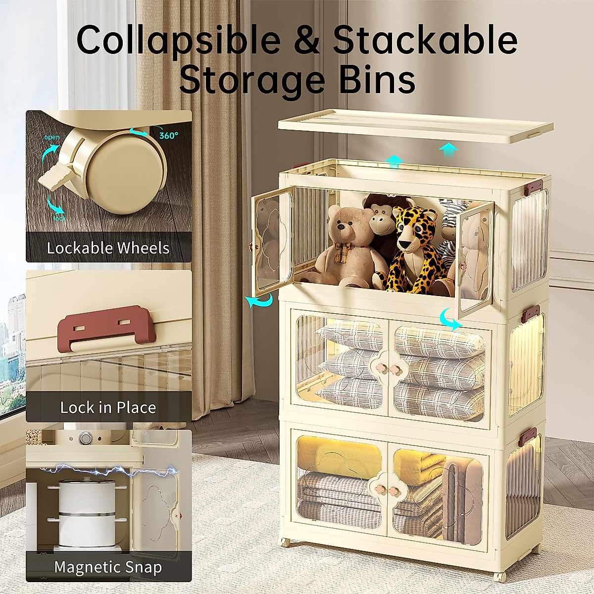 UFORU 9gal/36QT 3 Packs Stackable Storage Bins Open Front, Plastic Storage Containers with Lid, Foldable Storage Box with Doors and Wheels, Storage Organizer for Home, Office