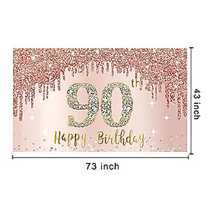 Happy 90th Birthday Banner Backdrop Decorations for Women, Rose Gold 90 Birthday Party Sign Supplies, Pink 90 Year Old Birthday Poster Background Photo Booth Props Decor