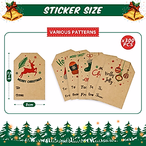 300 PCS Christmas Stickers,2 * 3 Inch Christmas Label Stickers,6 Designs of Christmas Labels,Kraft Paper Christmas Stickers,Christmas Label Stickers,Merry Christmas Stickers