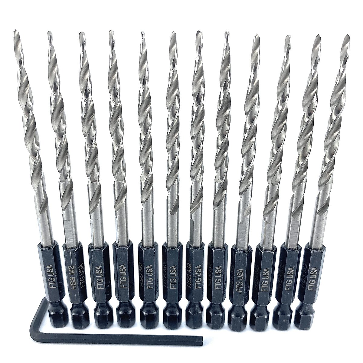 FTG USA Wood Countersink Tapered Drill Bit #8 (11/64") Adjustable Depth Woodworking Taper Point HSS M2 with 12 Pc Replacement Tapered Countersink Bit #8 (11/64"), ¼” Quick Change Shank