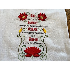 Serenity prayer embroidered flour sack tea towel, dish towel, choice of flower and large text color, machine embroidery,