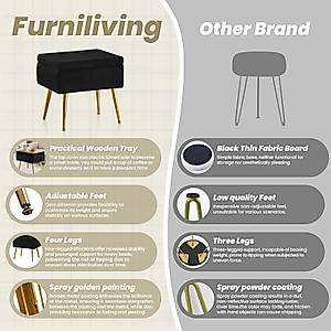 Furniliving Vanity Stool Chair with Storage, 19.75" W x 14.75" D x 18.5" H Modern Pleated Velvet Design Makeup Chair with Metal Legs, Upholstered Footrest Storage Bench for Bedroom, Khaki