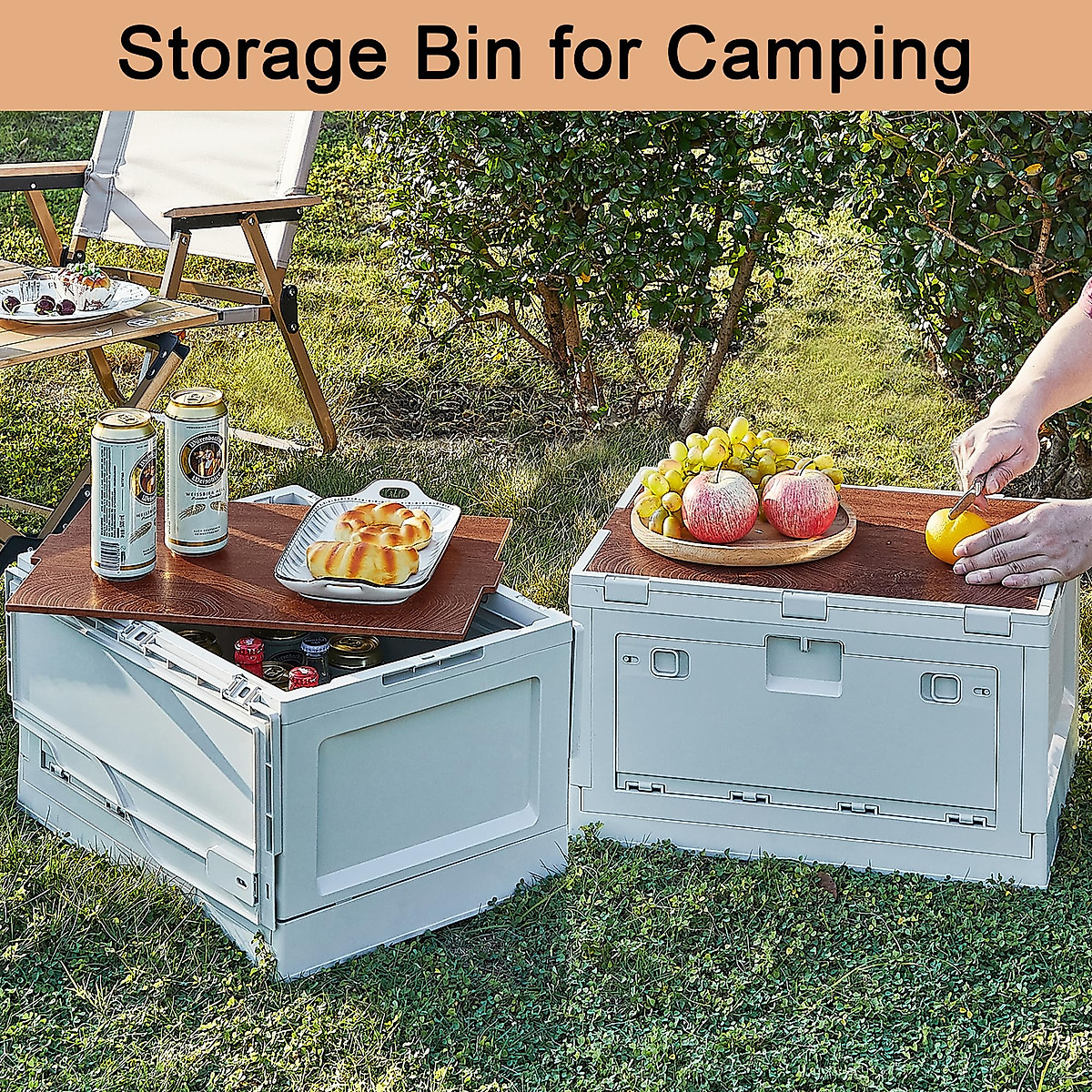 VECELO Collapsible Storage Bins with Lids, 55 Qt Large Foldable Plastic Box with Handles, Foldable Folding Camping Box with 2 Side Doors, Portable Storage Box for Camping, Outdoor/indoor, Beige