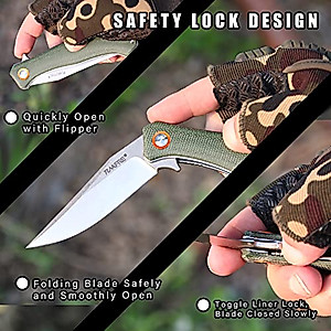 Tunafire Folding Pocket Knife, Utility Pocket Knives for Men with D2 Blade Micarta Handle, EDC Tactical Knife with Clip for Outdoor Survival Hunting (Army Green)