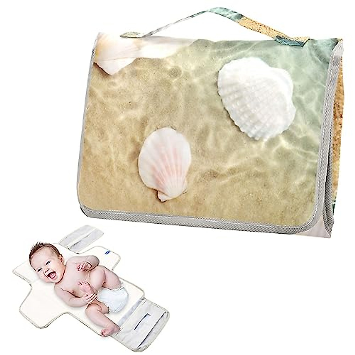 Sea Shell Starfish Portable Baby Changing Pad Diaper Changing Table Pad Foldable Waterproof Travel Changing Station with Built-in Pillow for Baby Gifts Stuff Newborn