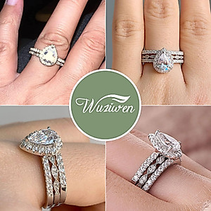 Wuziwen Halo Pear Cut Wedding Ring Set CZ Engagement Rings for Women 925 Sterling Silver Size 7