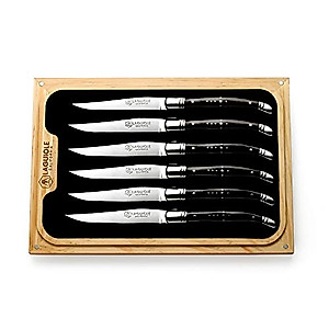 Laguiole California Steak Knives - 6 Piece Blackwood Set - Ergonomic Handles - Stored in a California Oakwood Gift Box - Extremely Sharp Straight Steel Blades are Thick Gauge, Full Tang