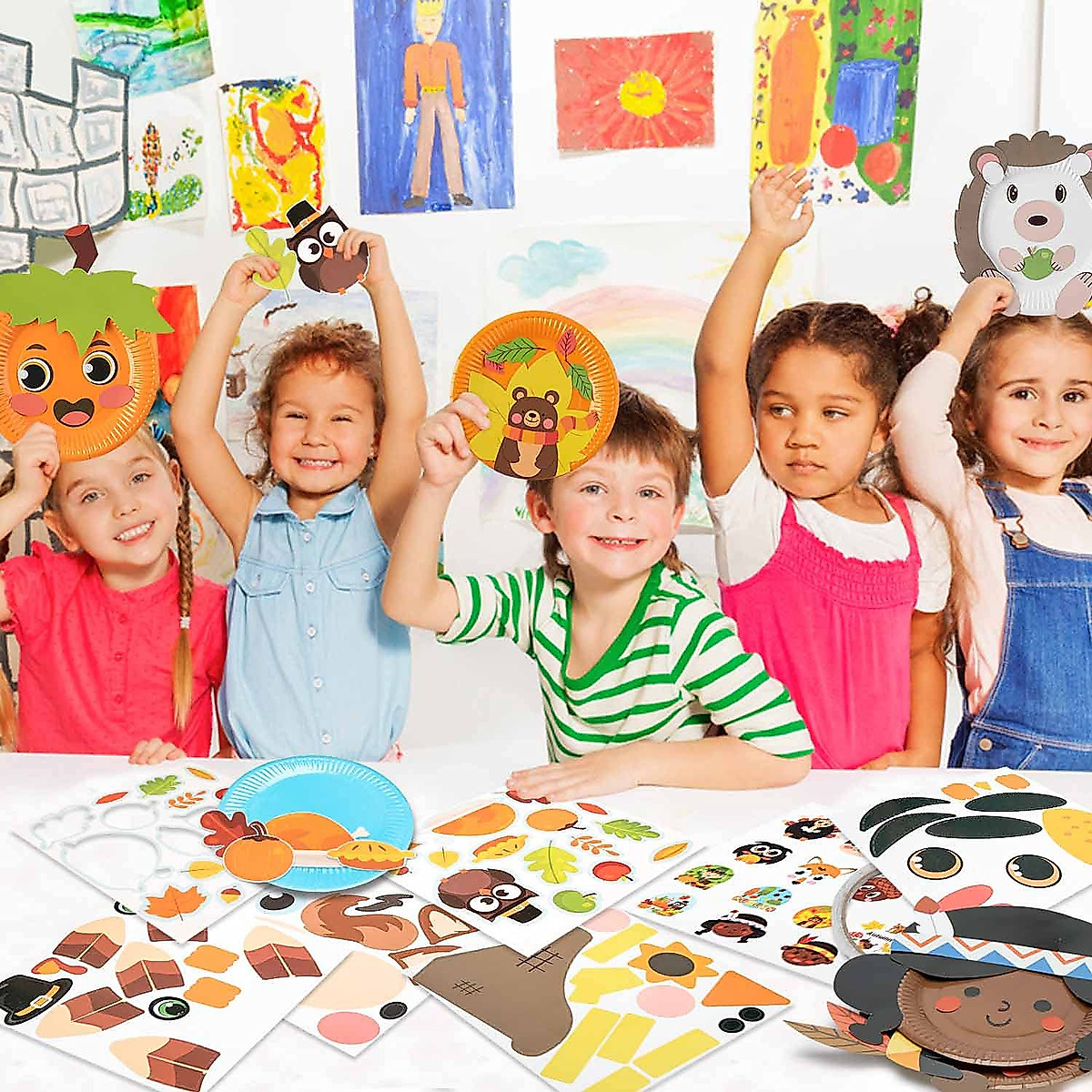 MALLMALL6 14pcs Autumn Paper Plate Art Kits Pumpkin DIY Craft Sticker Games Maple Leaf Acorn Early Learning Art Project for Toddler Preschool Activities Happy Fall Holiday Party Supplies for Boy Girl