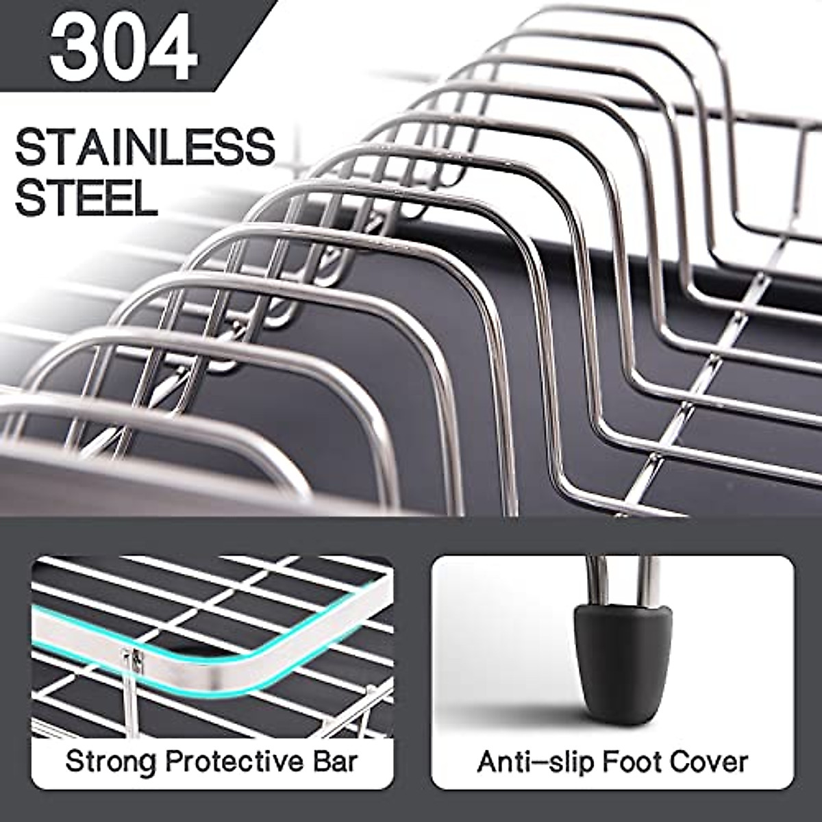 TOOLF Expandable Dish Drainer Rack, Adjustable 304 Stainless Steel Dish Rack, Foldable Dish Drying Rack with Removable Cutlery Holder Swivel Drainage Spout, Anti-Rust Plate Rack for Kitchen, 1 Piece