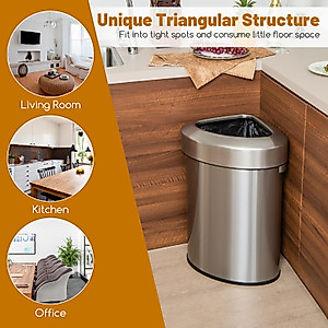 S AFSTAR Corner Trash Can 16 Gallon/60 L, Kitchen Garbage Can, Large Open Top Touchless Rubbish Can, Anti-Slip Bottom, Triangular Waste Bin, Stainless Steel Trash Bin for Bathroom Kitchen Bedroom