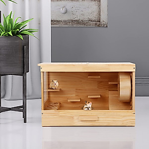 Nisorpa Hamster Cage, Wooden Hamster Habitats with Runner's Carousel & Acrylic Windows 2-Tiers Mice and Rat House Openable Top, Ventilator,Pull-Out Tray for Guinea Pig Chinchilla Small Animal