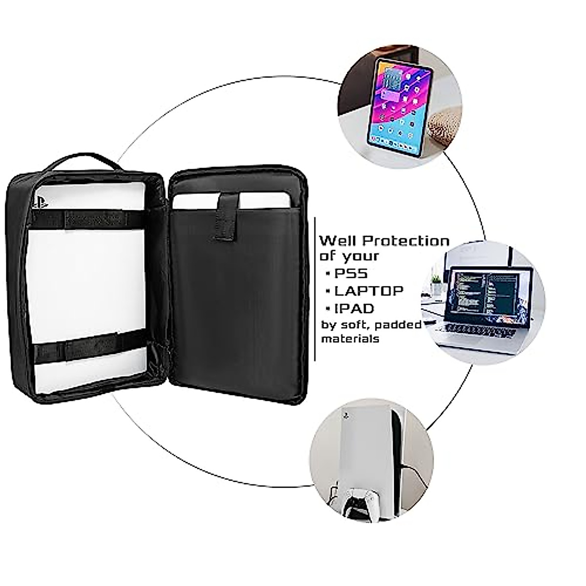 Ezgnuk Game Backpack for PS5 Console, Protective Travel Carrying Case, Large Capacity Storage Bag with Zippered Pocket for PlayStation 5, Laptop, Headphones, Game Discs and Accessories （Black）