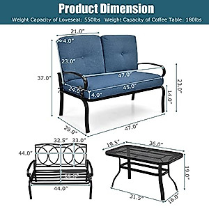 Tangkula Patio Loveseat with Table Set, 2 Seat Cushioned Sofa with Coffee Table, Patio Conversation Sofa Set with Rustproof Frame, 2 Pieces Outdoor Furniture Set for Garden, Poolside, Balcony (Blue)