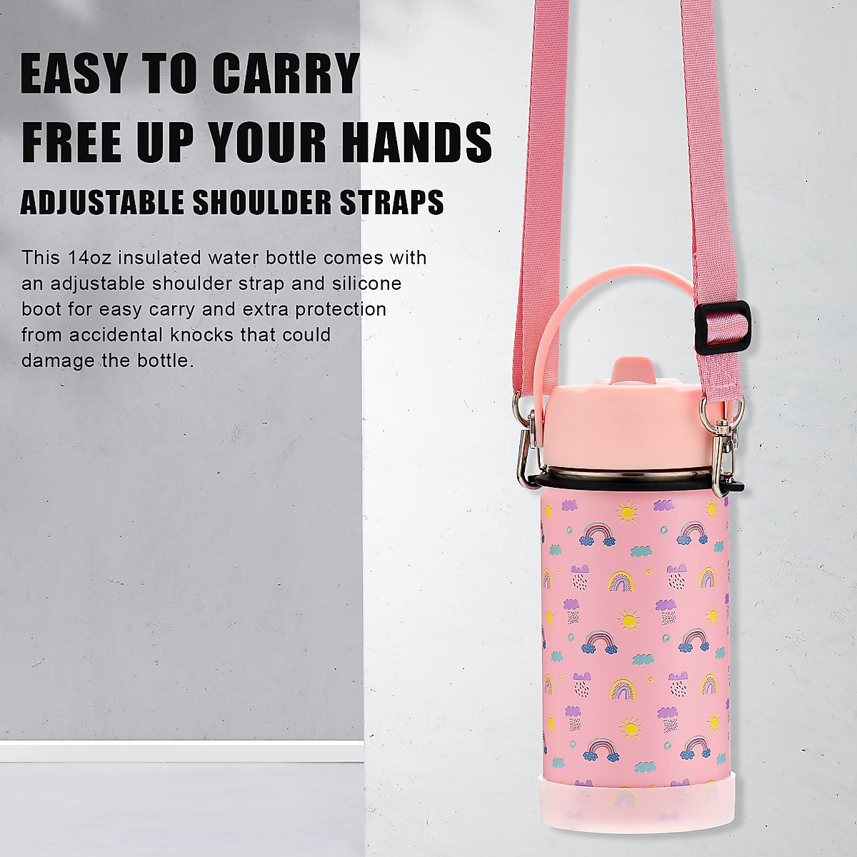 WEREWOLVES 14oz Kids Water Bottle with Straw Lid, Shoulder Strap and Boot - Insulated Stainless Steel, Reusable Leakproof Metal Water Bottles for School Boys Girls